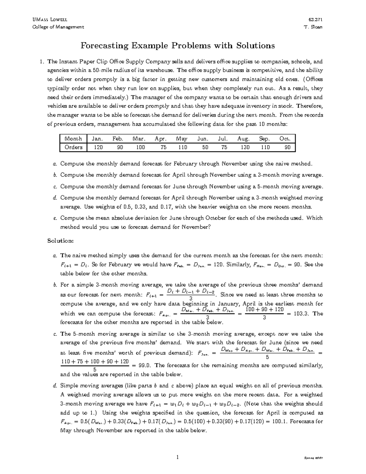 63.371 UMass Lowell Forecasting Example Problems & Solutions S07 - Studocu