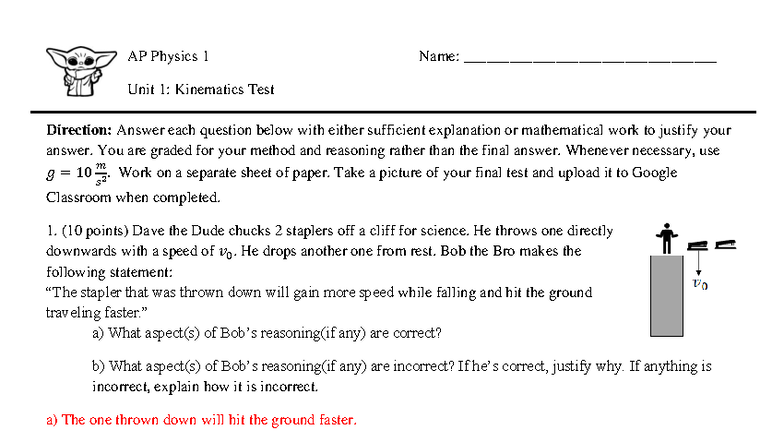 AP Physics 1: Unit 1 Kinematics Practice Test 2 Key - Studocu