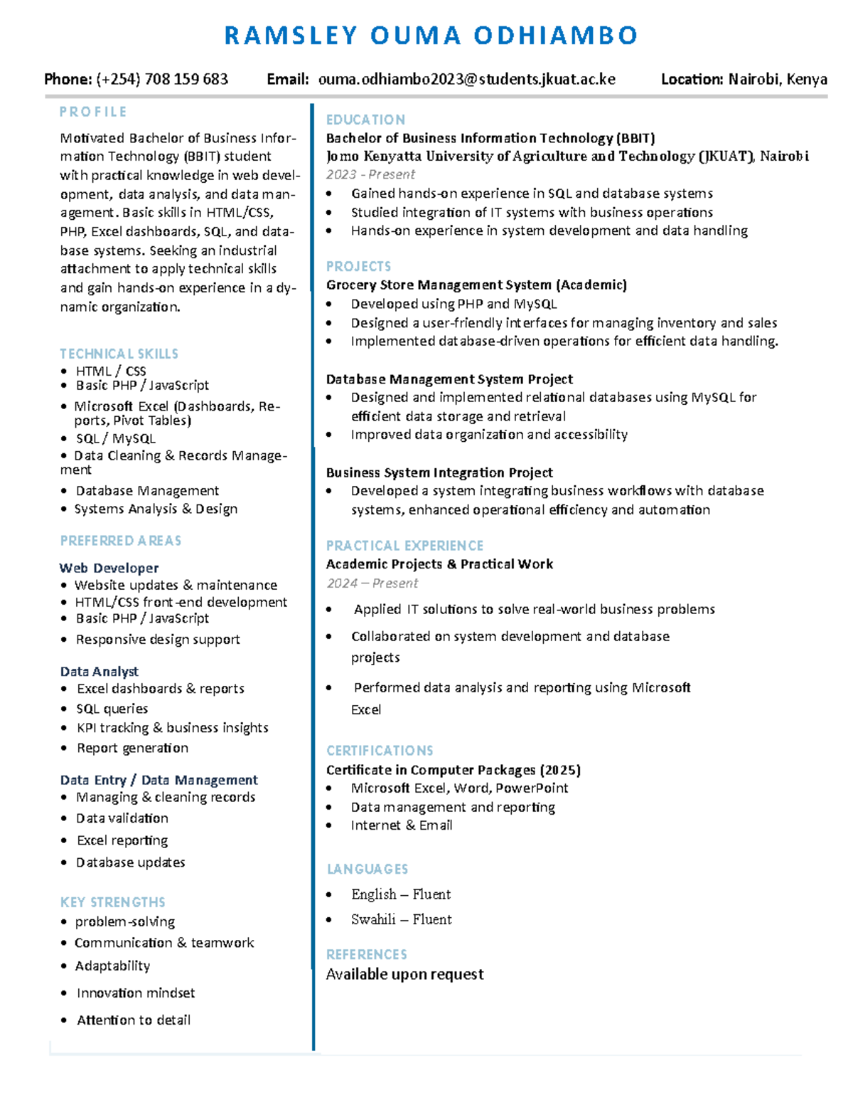 Ramsley Odhiambo CV - BBIT Student Seeking Industrial Attachment - Studocu