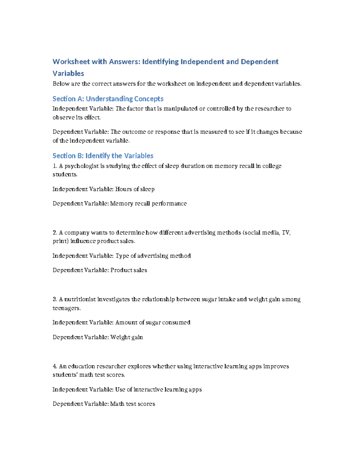 Independent and Dependent Variables Worksheet (Answers Included) - Studocu