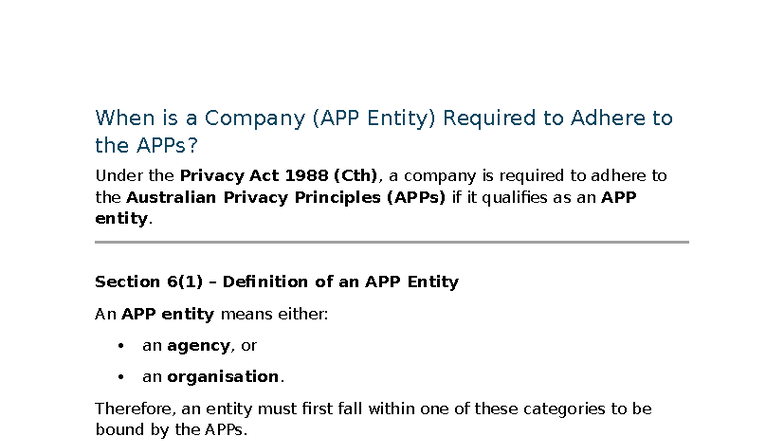 APP Entity Compliance with Australian Privacy Principles (APPs) - Studocu