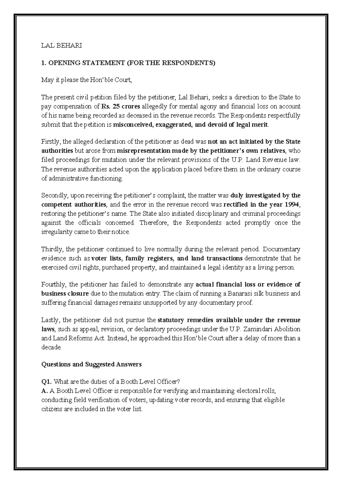 LAL BEHARI: Case Summary and Opening Statement Analysis - Studocu