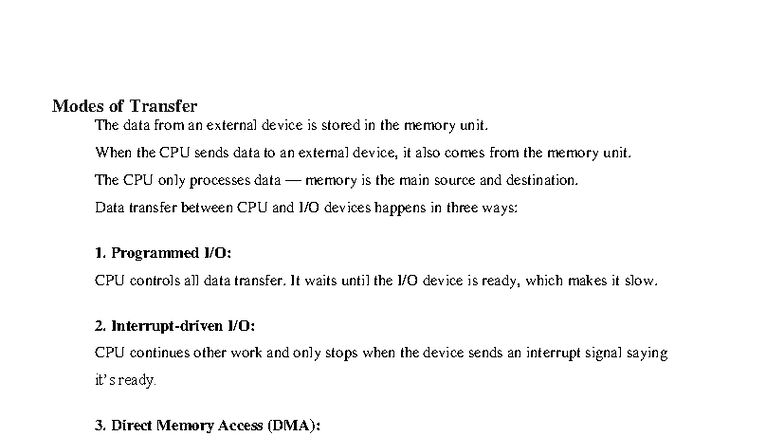 CSE Notes: Modes of Transfer - Data Transfer Methods Explained - Studocu