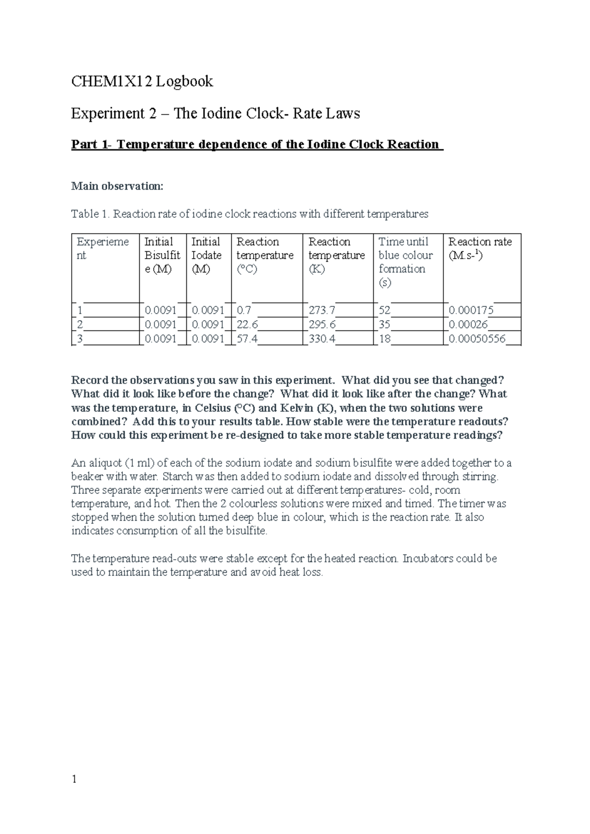 CHEM1X12 Logbook: Iodine Clock Reaction Rate Laws & Temperature Effects ...