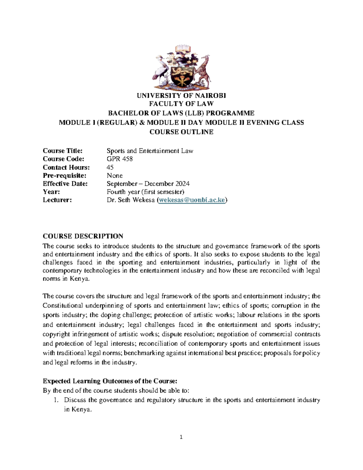 Sports and Entertainment Law Course Outline (GPR 458) - Sept 2024 - Studocu