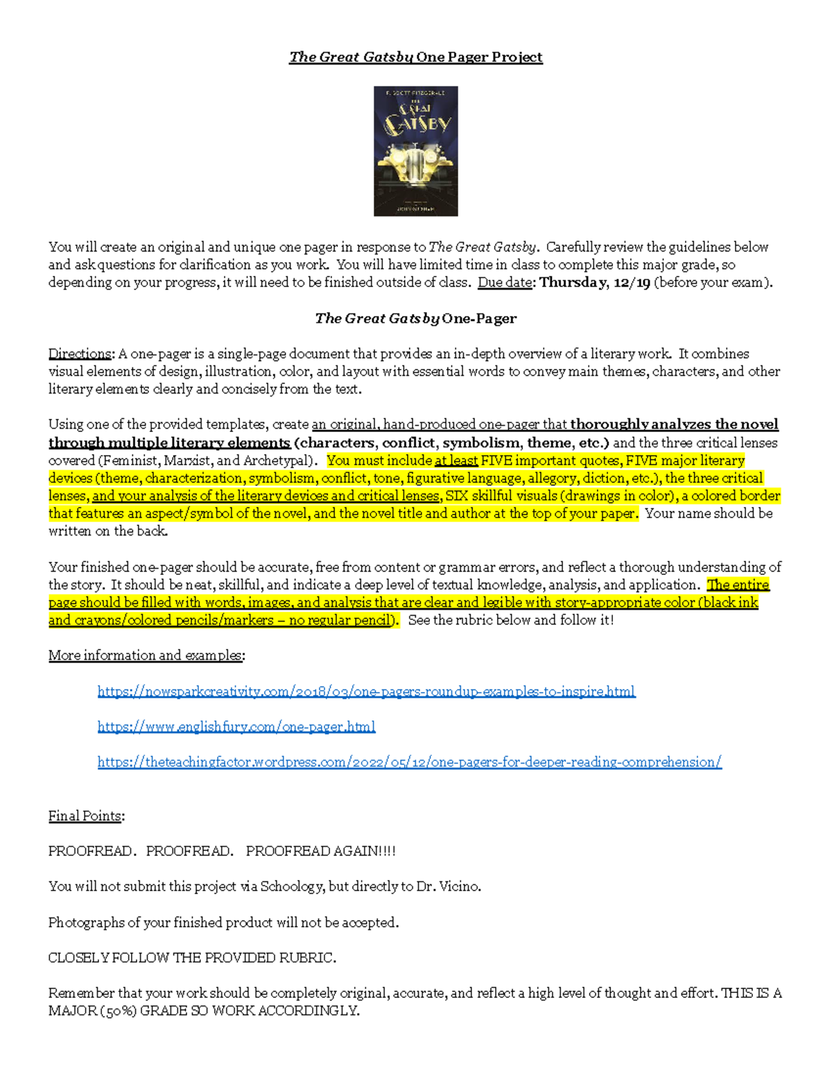 ENG 202 The Great Gatsby One-Pager Project Guidelines - Studocu