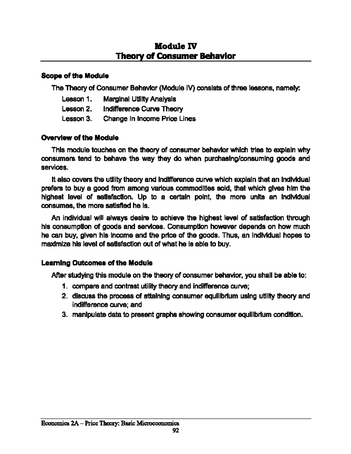 Econ2a module 4 - Module IV Theory of Consumer Behavior Scope of the Module The Theory of ...