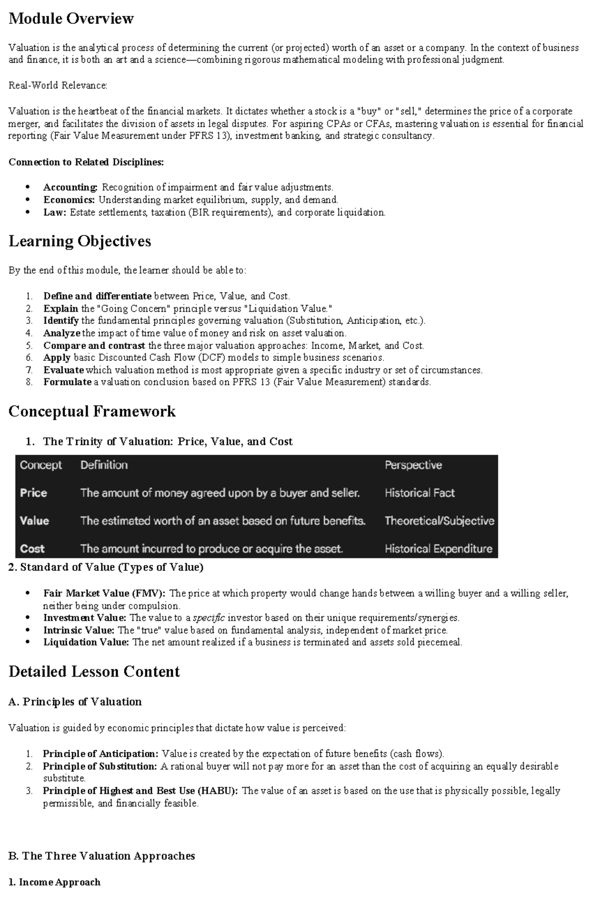 Valuation Module Overview: Key Principles and Techniques (FIN 101 ...