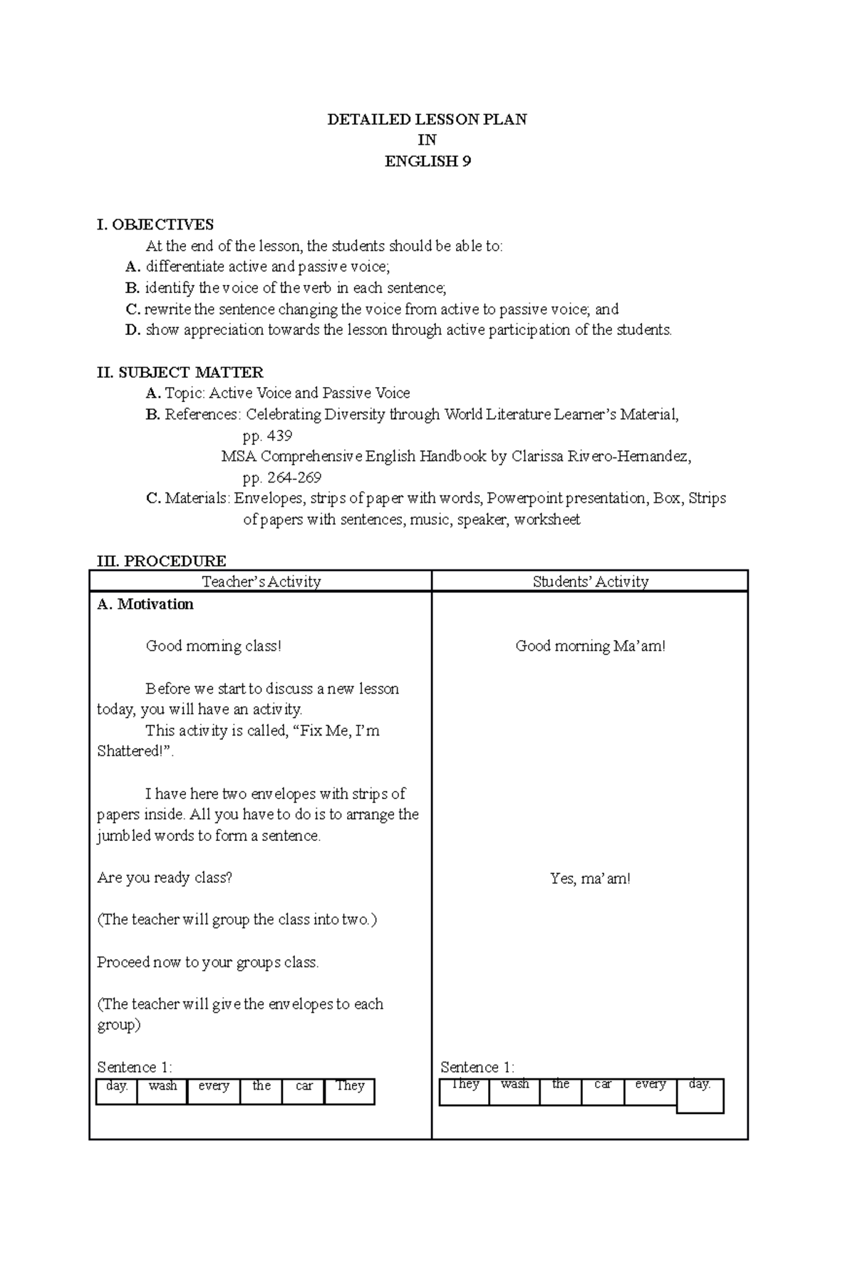 Active and Passive Voice Lesson Plan for English 9 (Detailed) - Studocu