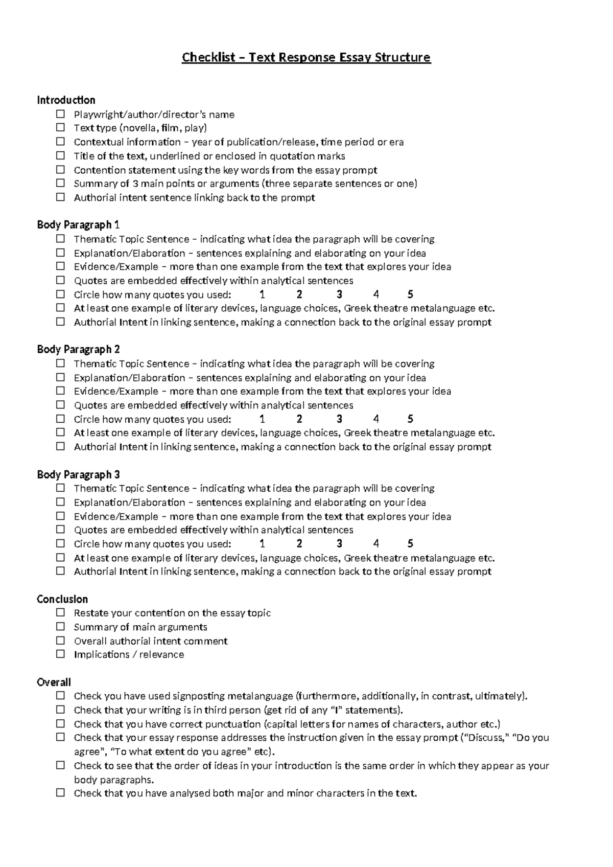 Text Response Essay Checklist: Structure & Key Elements - Studocu