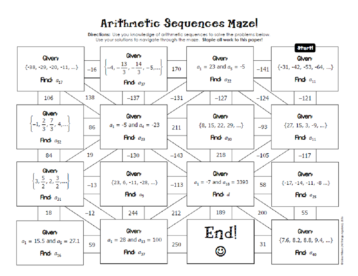 Maze - Arithmetic Sequence - Arithmetic Sequences Maze! Directions: Use ...