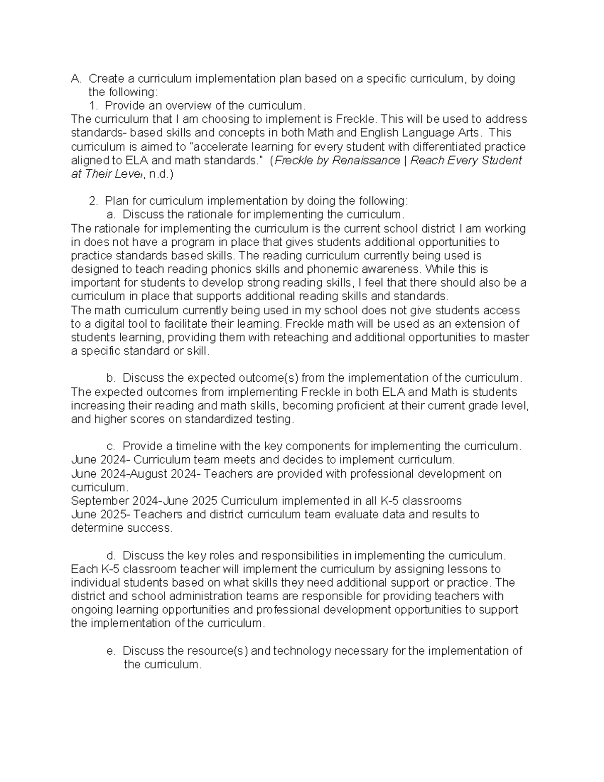 D185 Task 4 - Curriculum Implementation Plan for Freckle ELA & Math ...