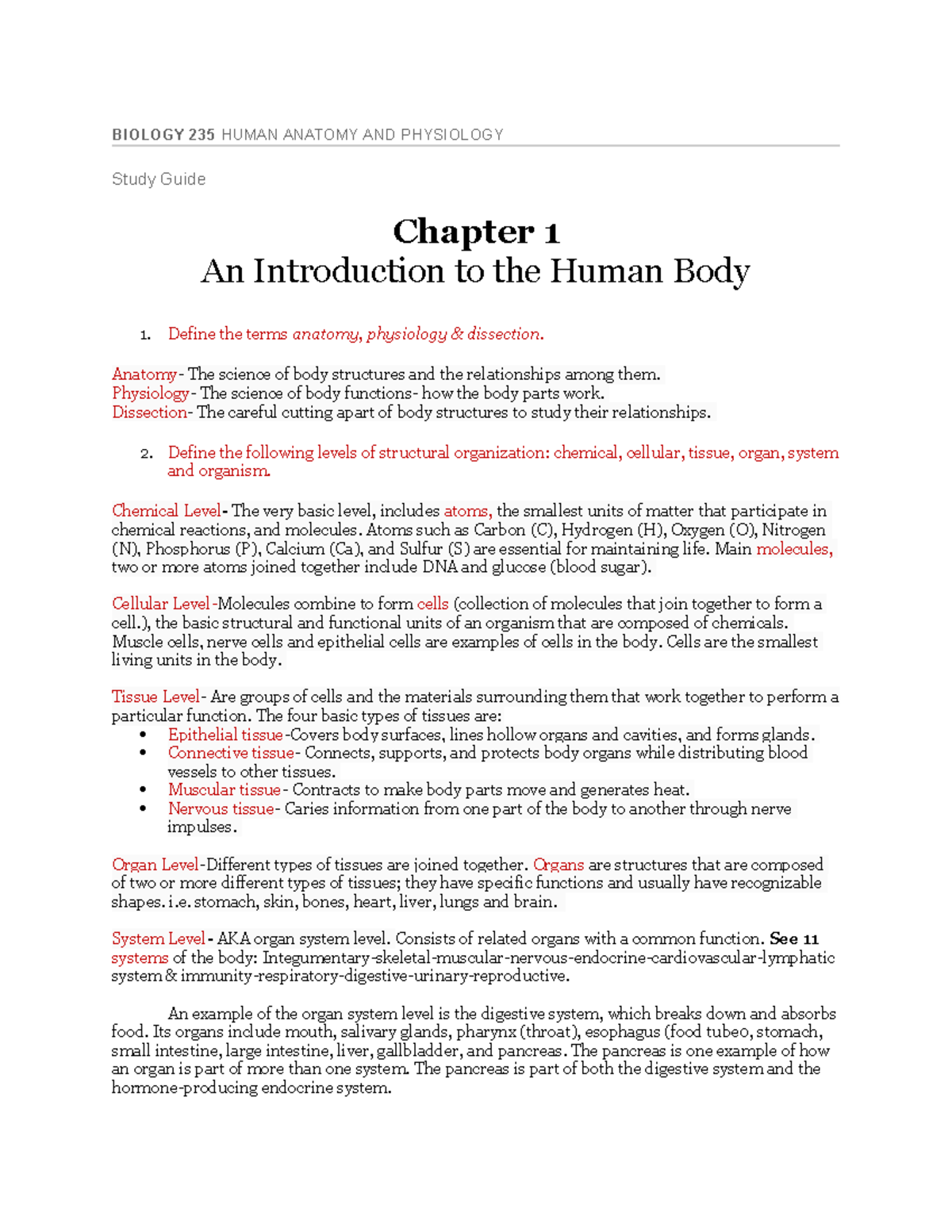 BIOL 235 Chapter 1 Study Guide: Human Body Introduction & Concepts ...