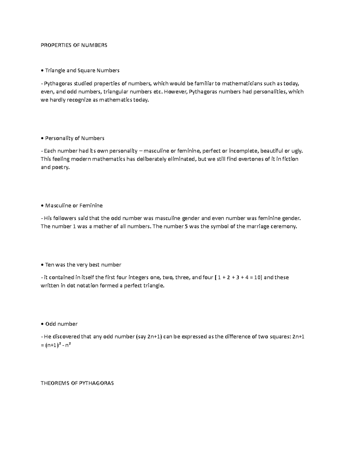 Pythagoras- Contribution - PROPERTIES OF NUMBERS Triangle and Square ...