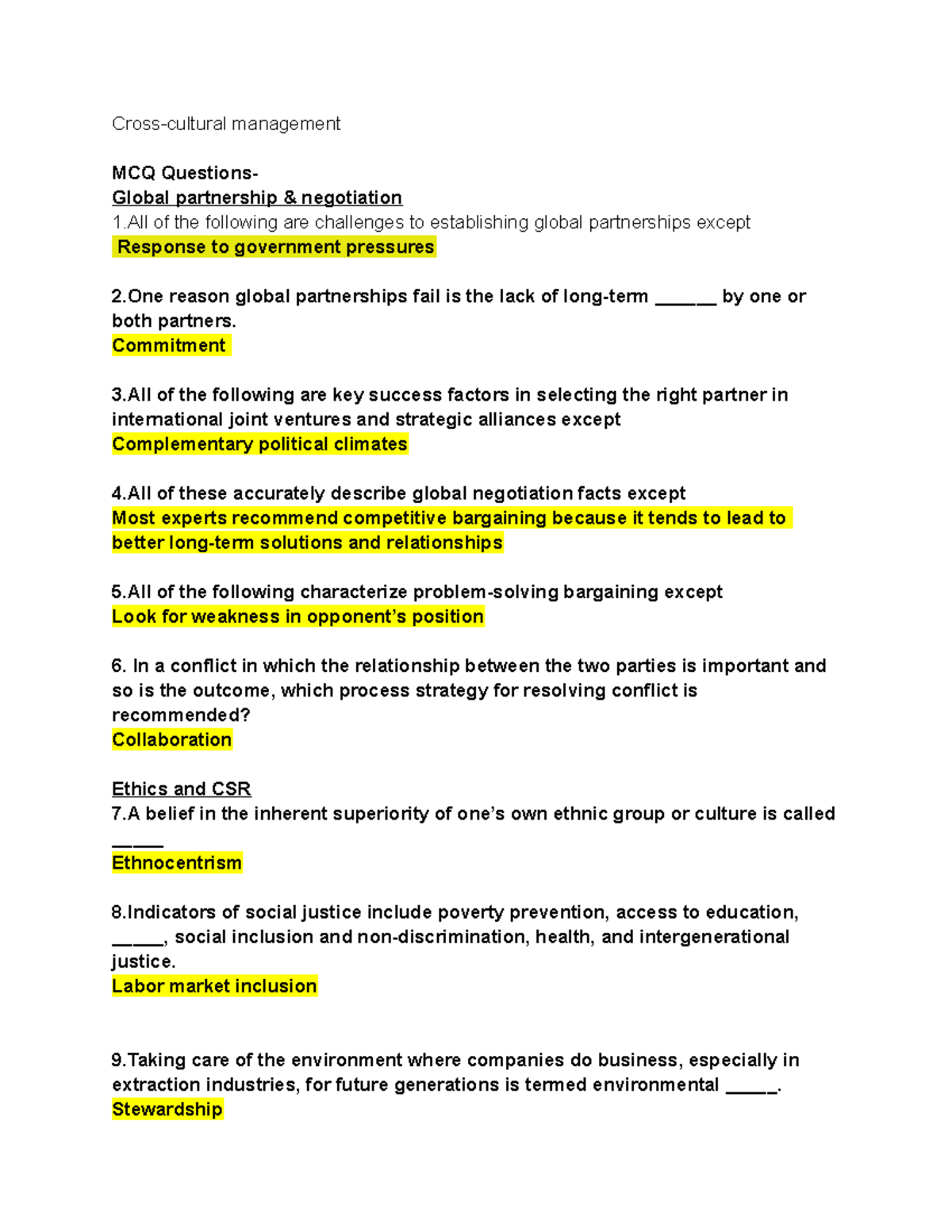 Cross-Cultural Management Quiz (CCM 101) - MCQs and Key Concepts - Studocu