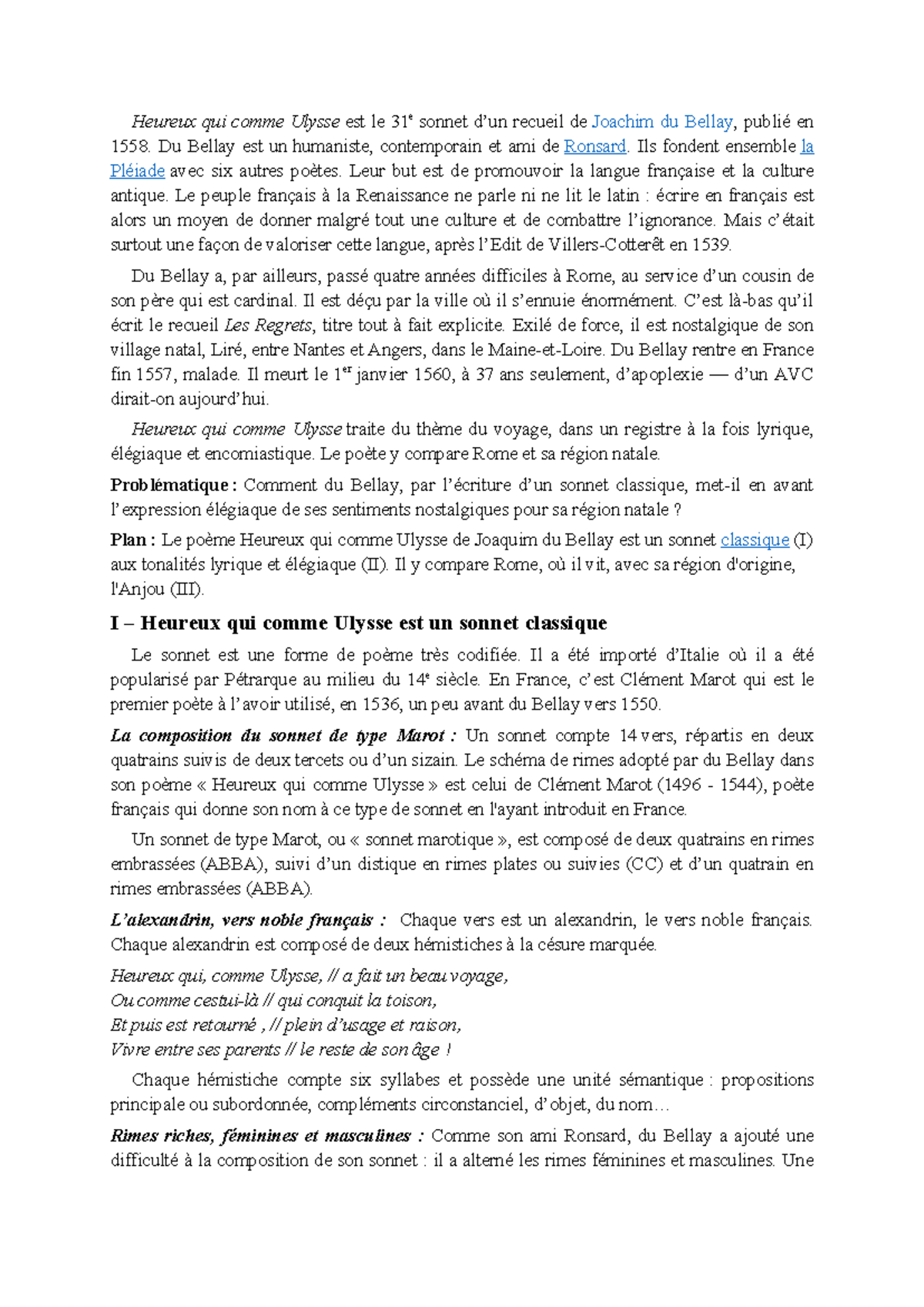 Analyse du Sonnet "Heureux qui comme Ulysse" de Du Bellay - Studocu