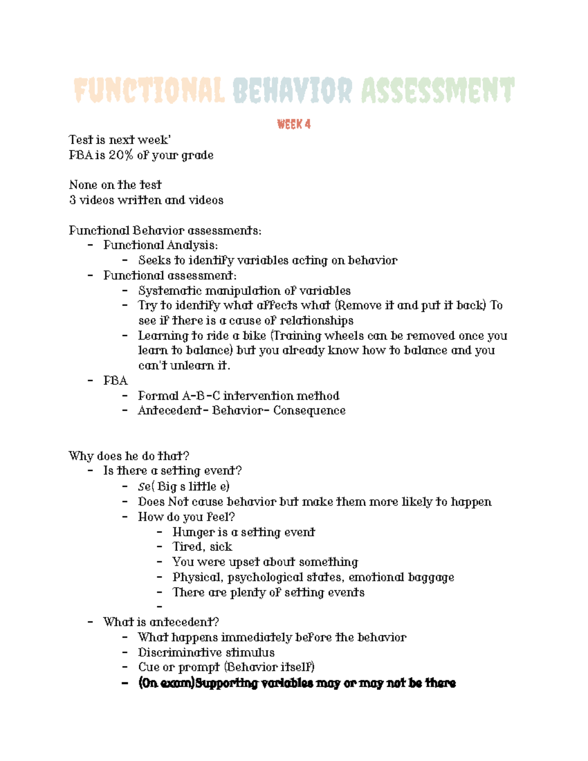 Functional Behavior Assessments: Week 4 Review for Exam Prep - Studocu