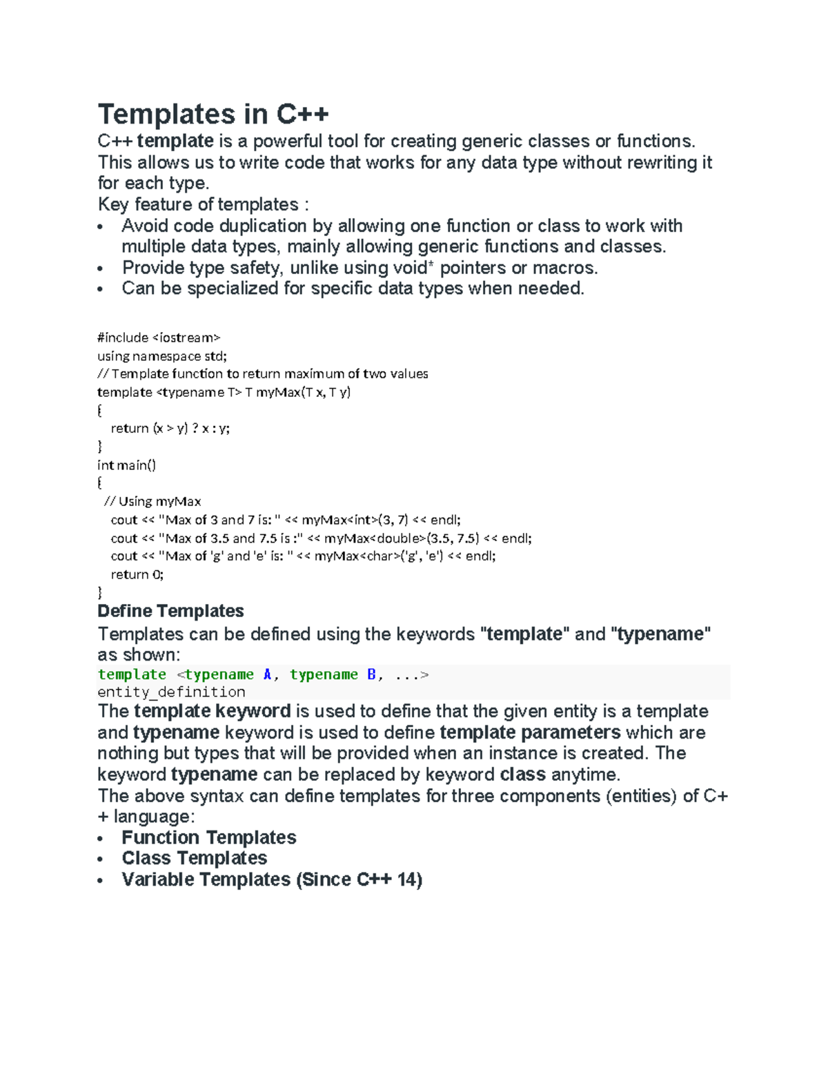 Template - Notes on Generic Classes & Functions in C++ - Studocu