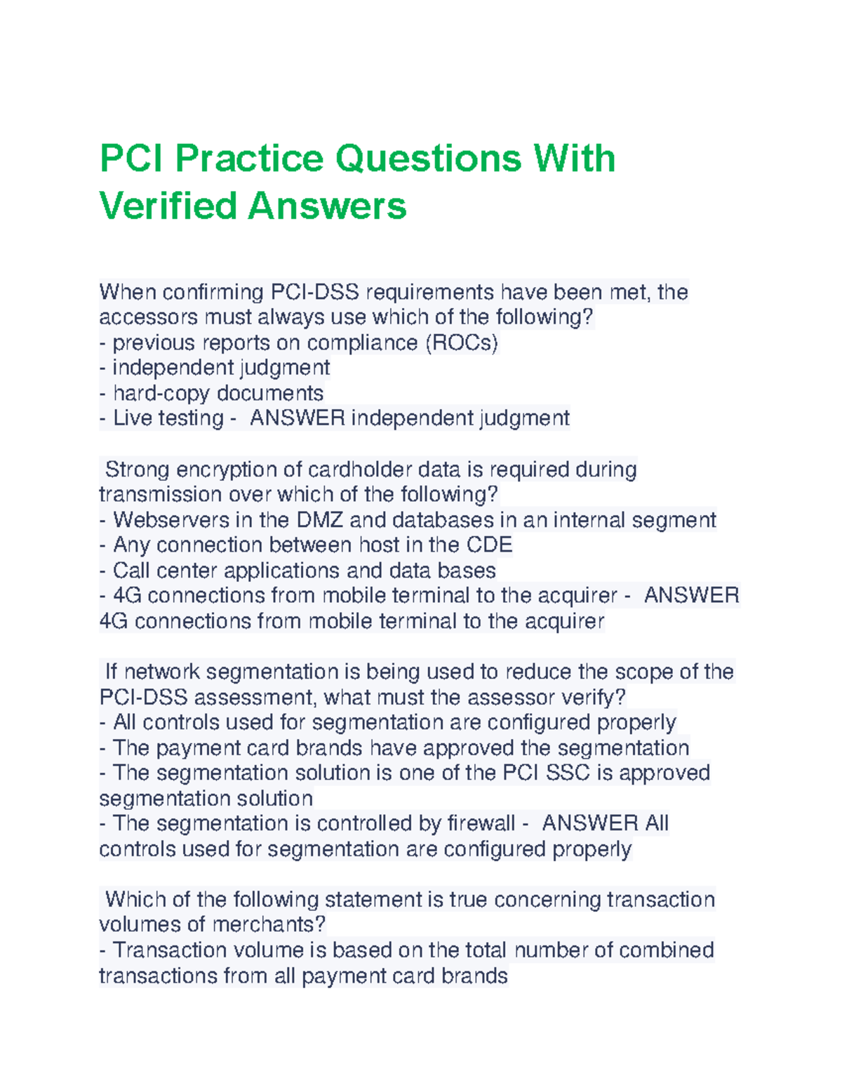 PCI-DSS Practice Q&A with Verified Answers for Exam Prep - Studocu
