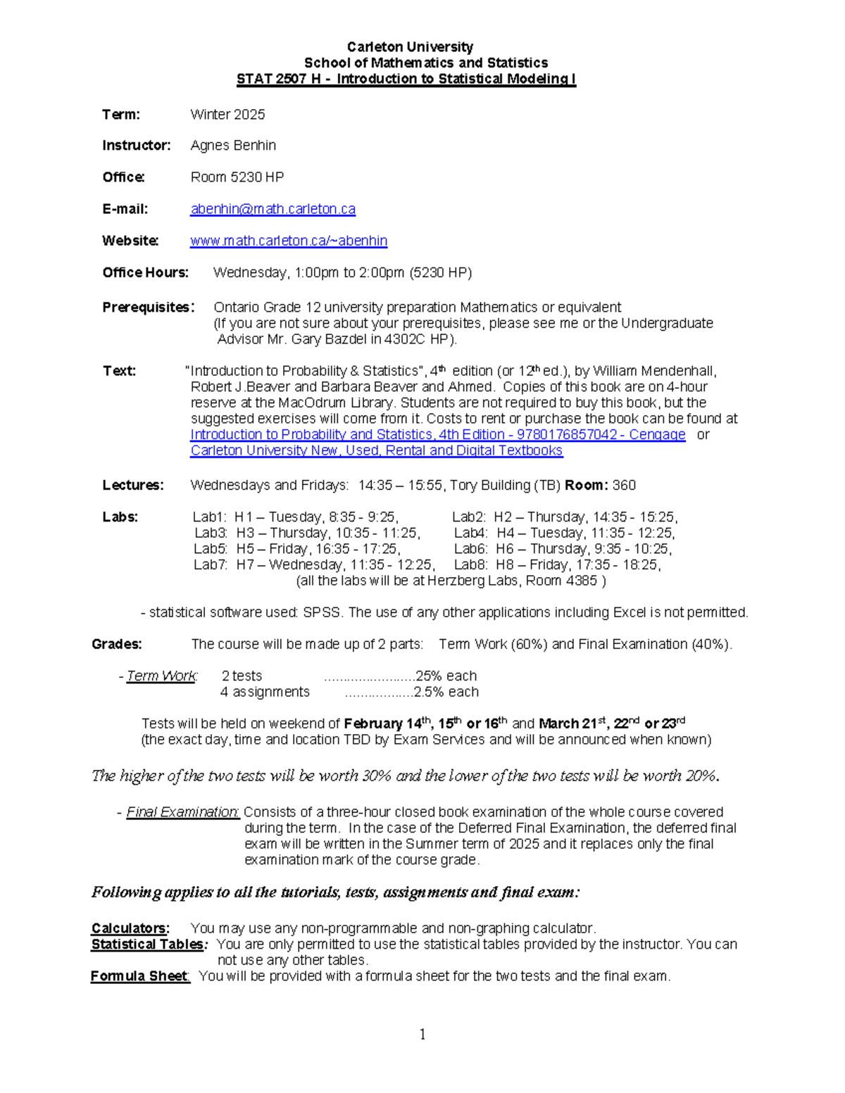 Course Outline for STAT 2507H - Intro to Statistical Modeling I (Winter ...