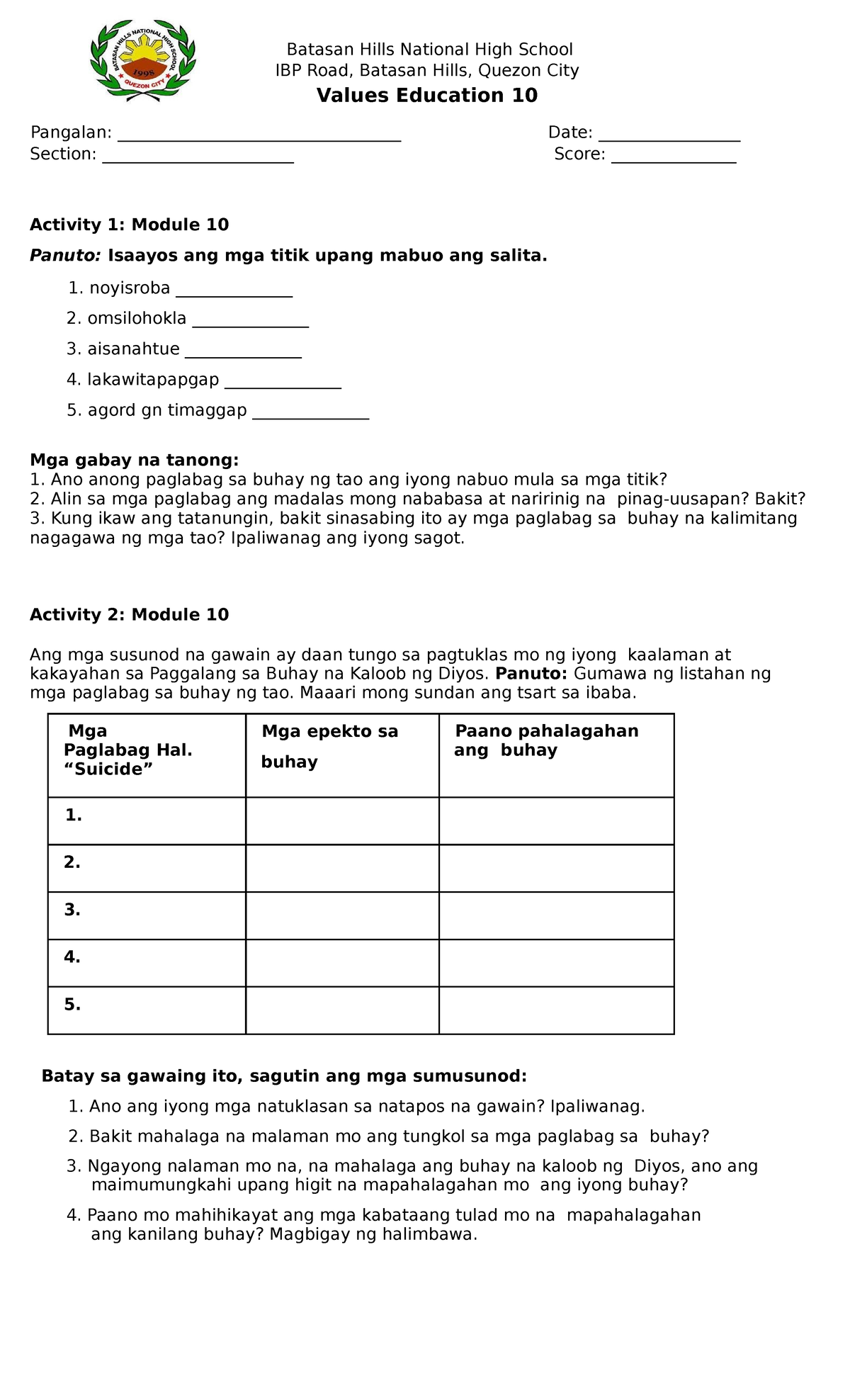 Values Ed 10 Module 10 Activity 1: Words & Life Violations - Studocu