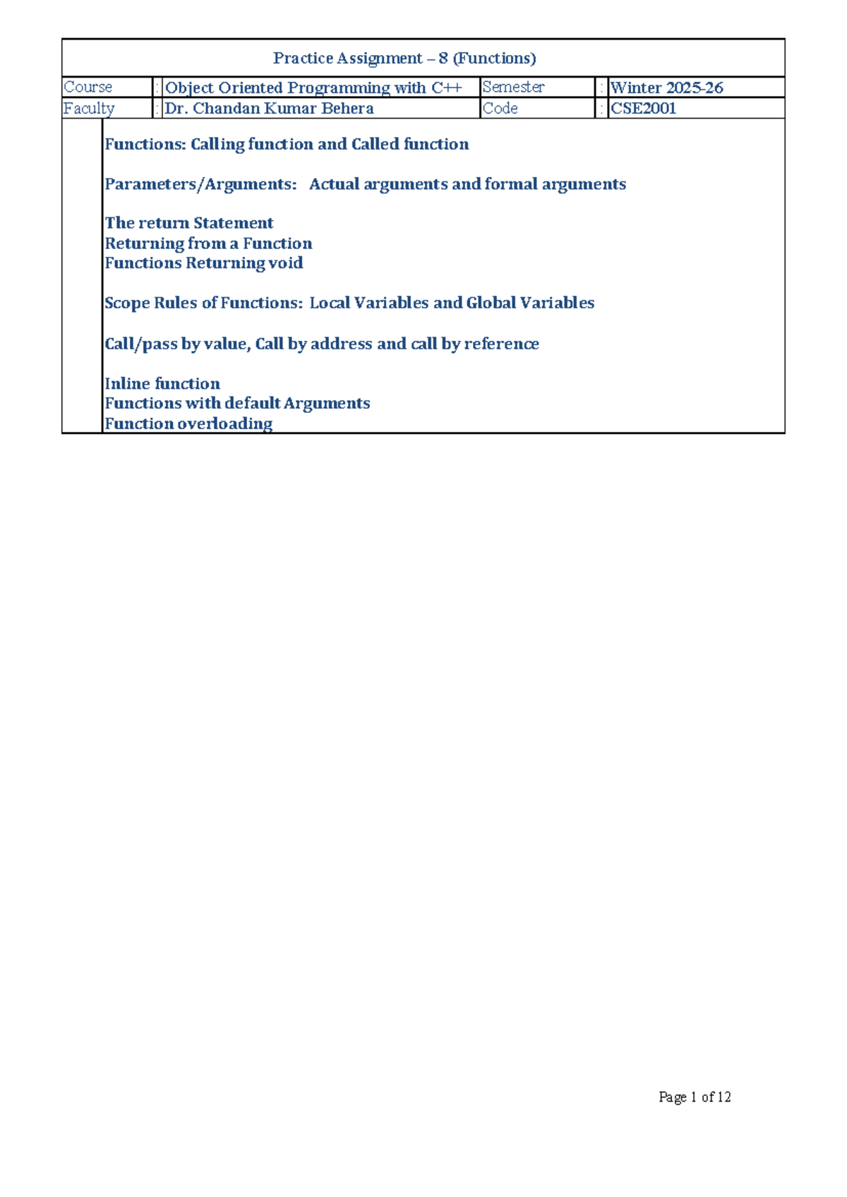 CSE2001 - OOP in C++: Assignment 8 - Functions Overview - Studocu