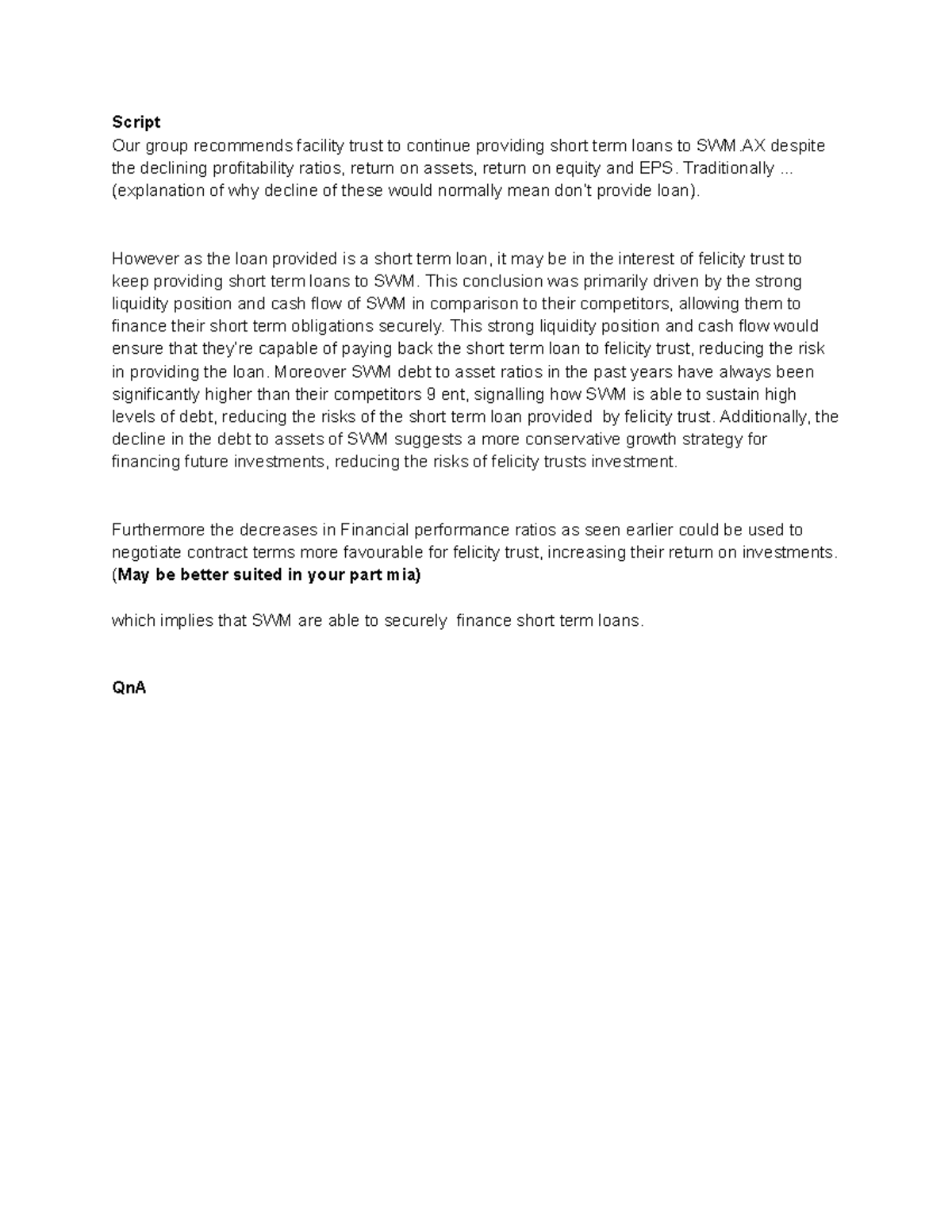 SWM.AX Short Term Loan Analysis: Facility Trust Recommendations - Studocu