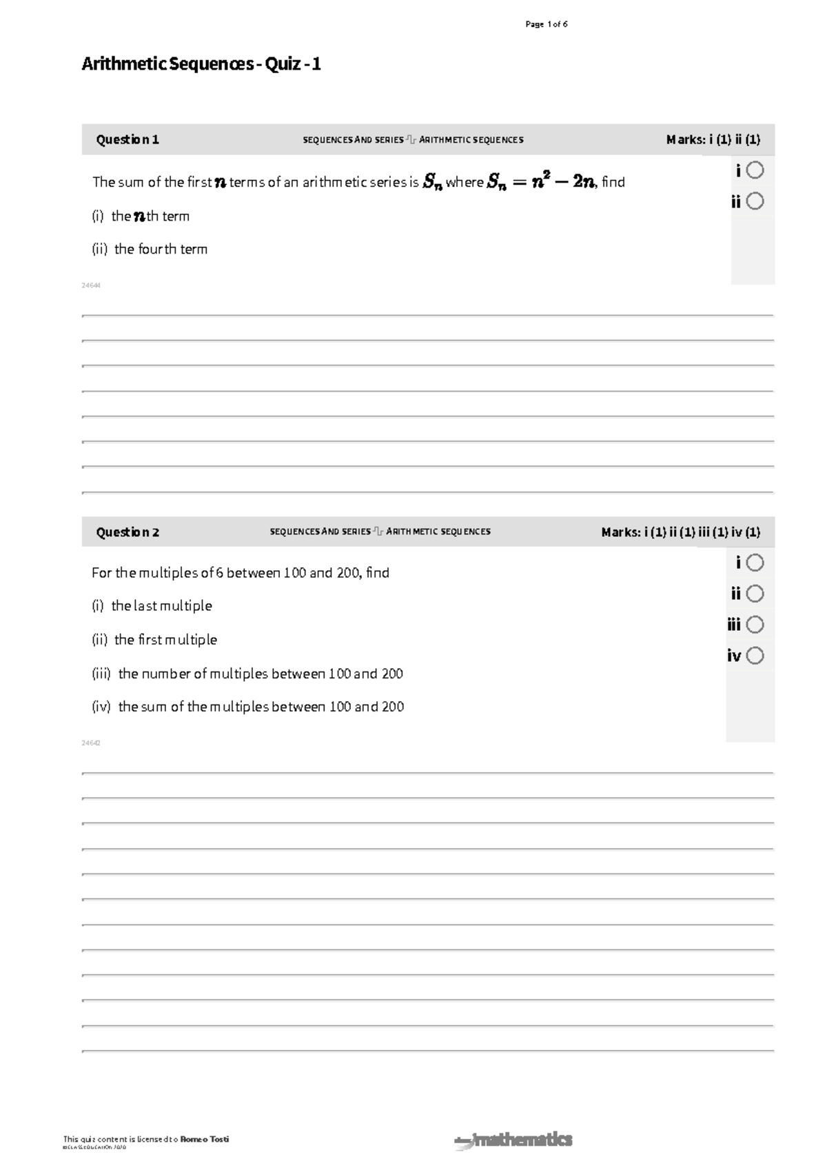 Arithmetic Sequences Quiz 1: Questions and Solutions - Studocu