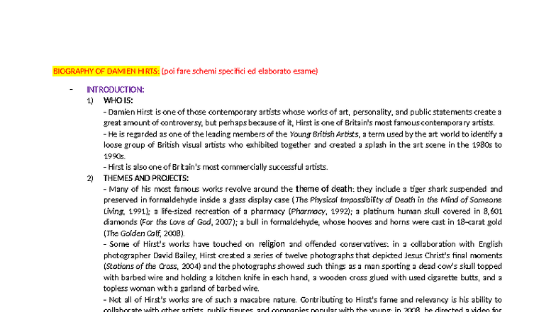 BIO 101: Damien Hirst - Biography, Themes, and Artistic Impact - Studocu