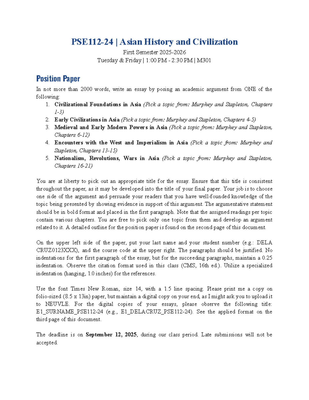 AHC 101 - Position Paper Guidelines on Asian History and Civilization ...