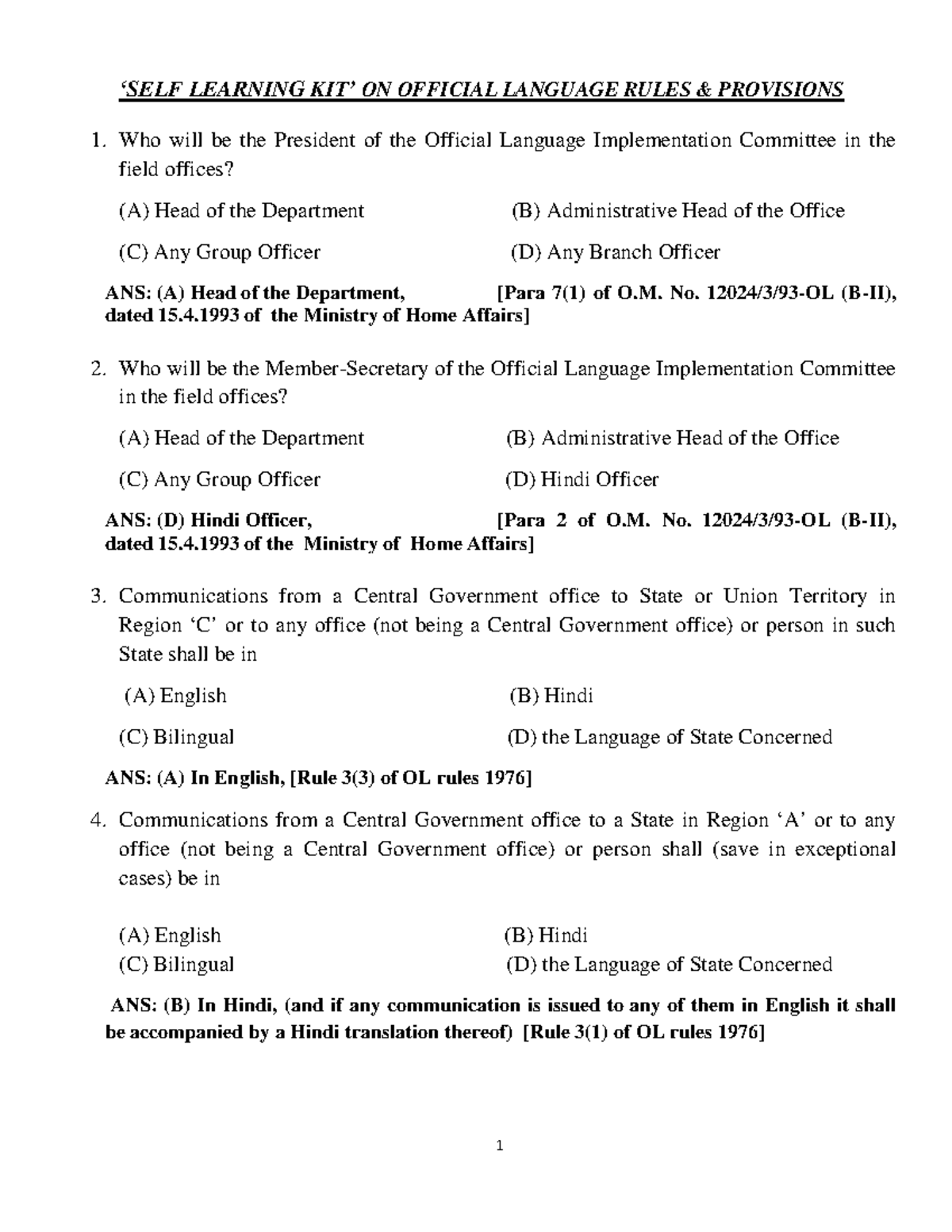 MCQ on Official Language Provisions (OL) - 2021 Exam Notes - Studocu