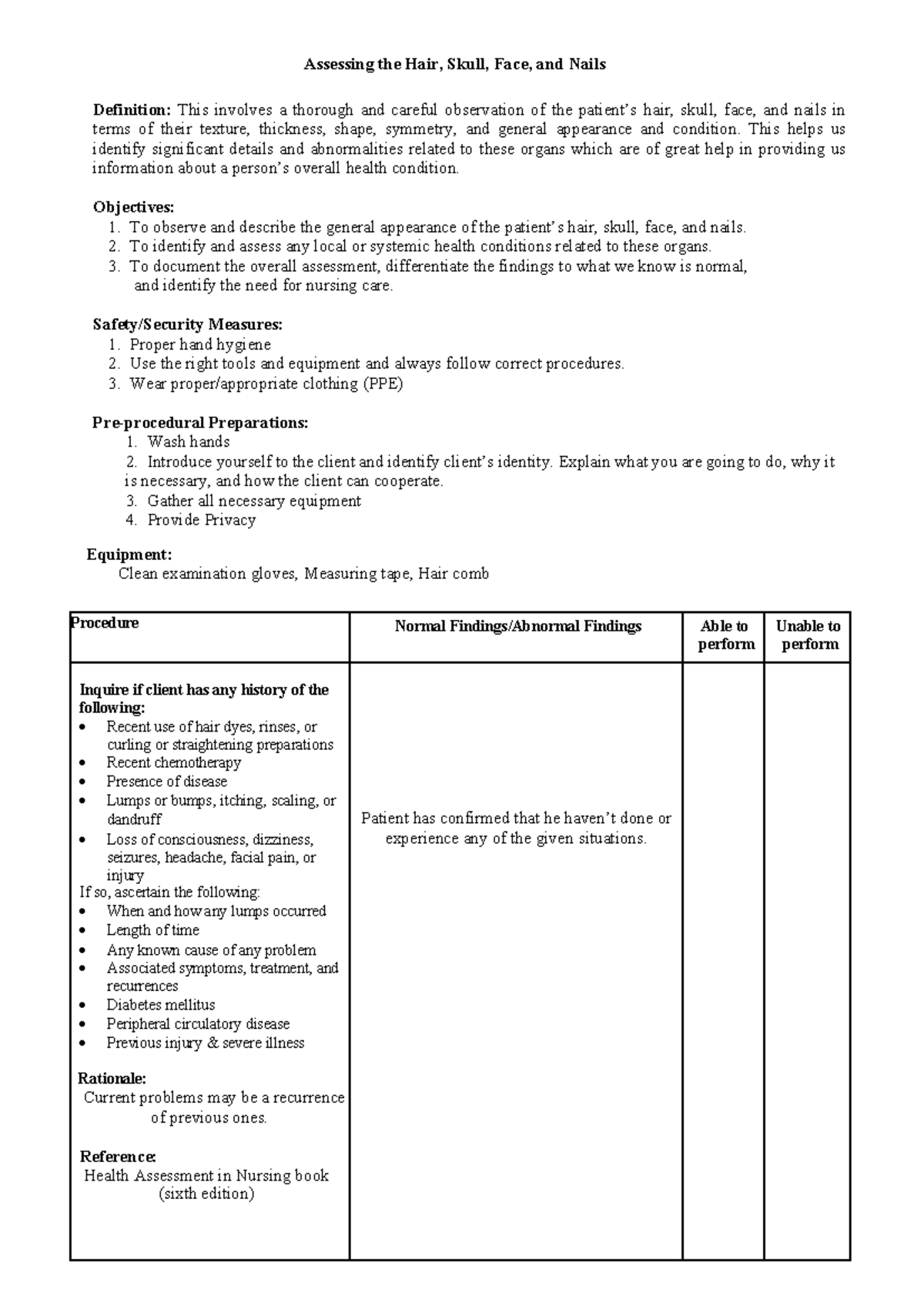 Assessment of Hair, Skull, Face, and Nails - Nursing 101 Guide - Studocu