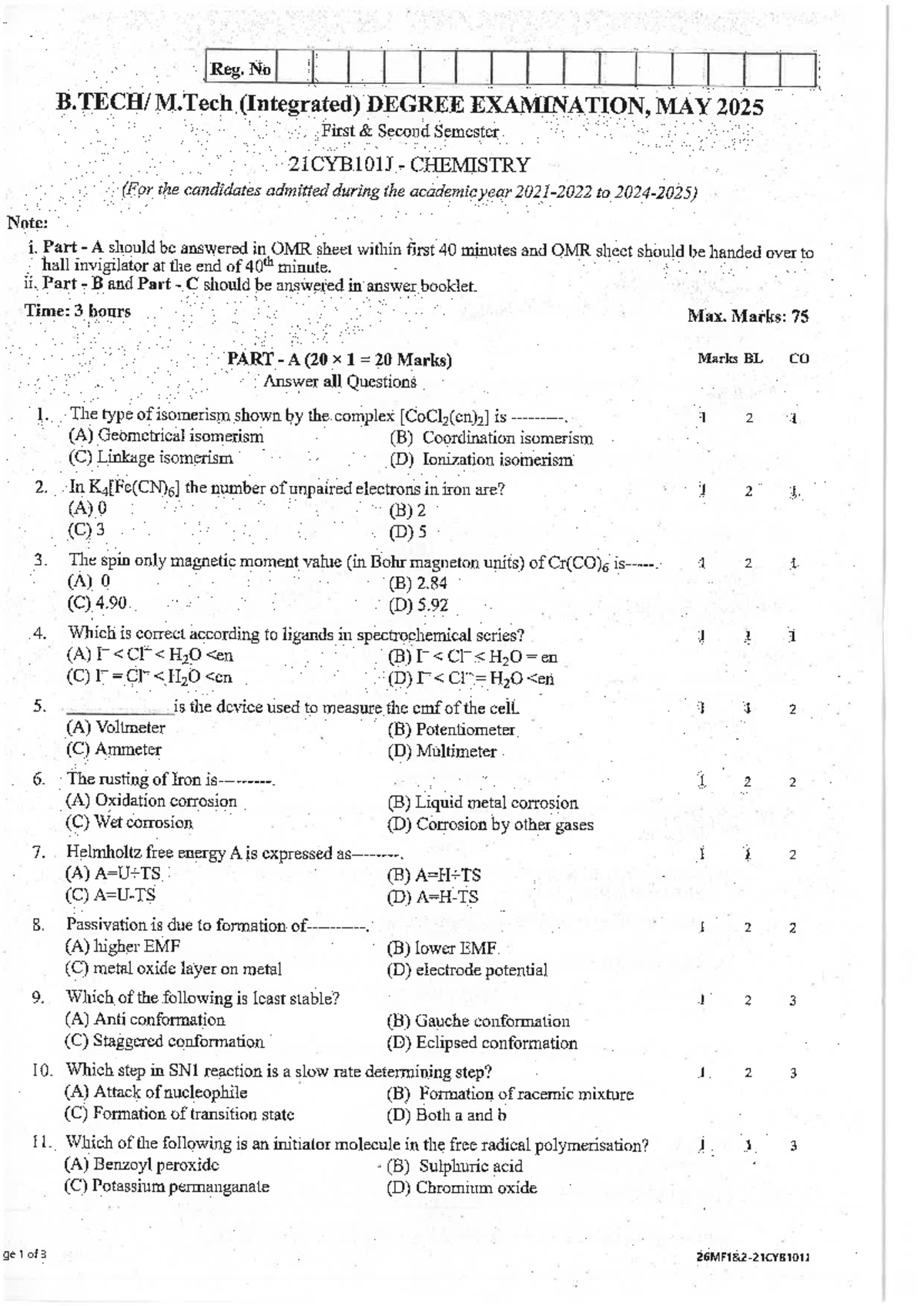 21CYB101J Chemistry Exam Paper Notes for ECE - May 2025 - Studocu