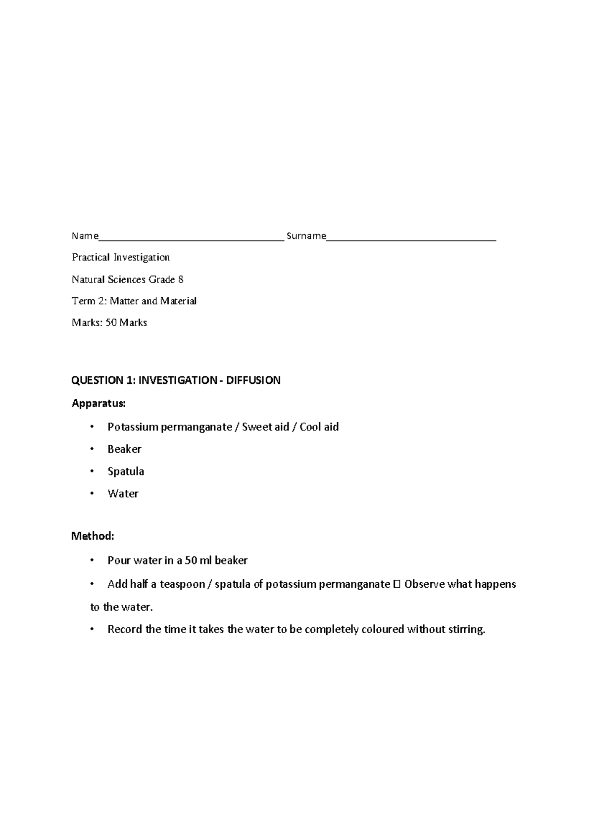 Grade 8 NS PRAC: Investigation on Matter & Material (Term 2) - Studocu