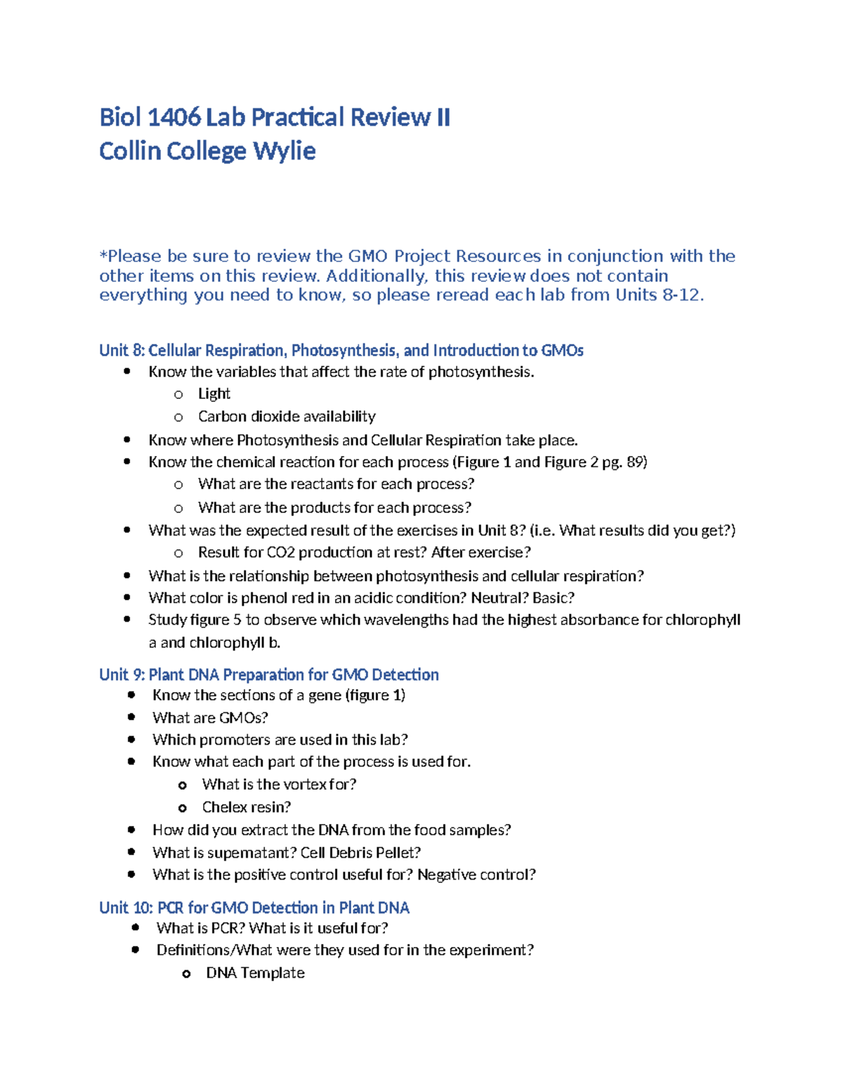 Wylie Biol 1406 Lab Practical Review II: GMO & Photosynthesis Insights ...