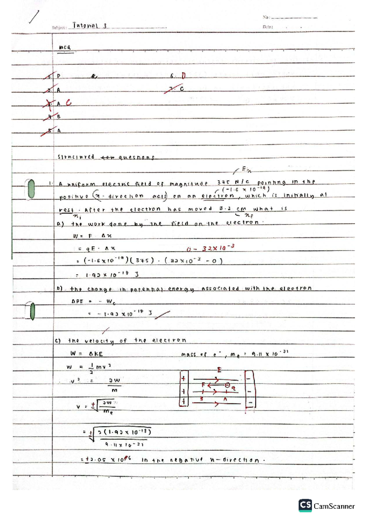 Tuto phy 3 - tutorial phy - No : Subject: Tutonal 3 Date: MCQ D 8, 6. D ...
