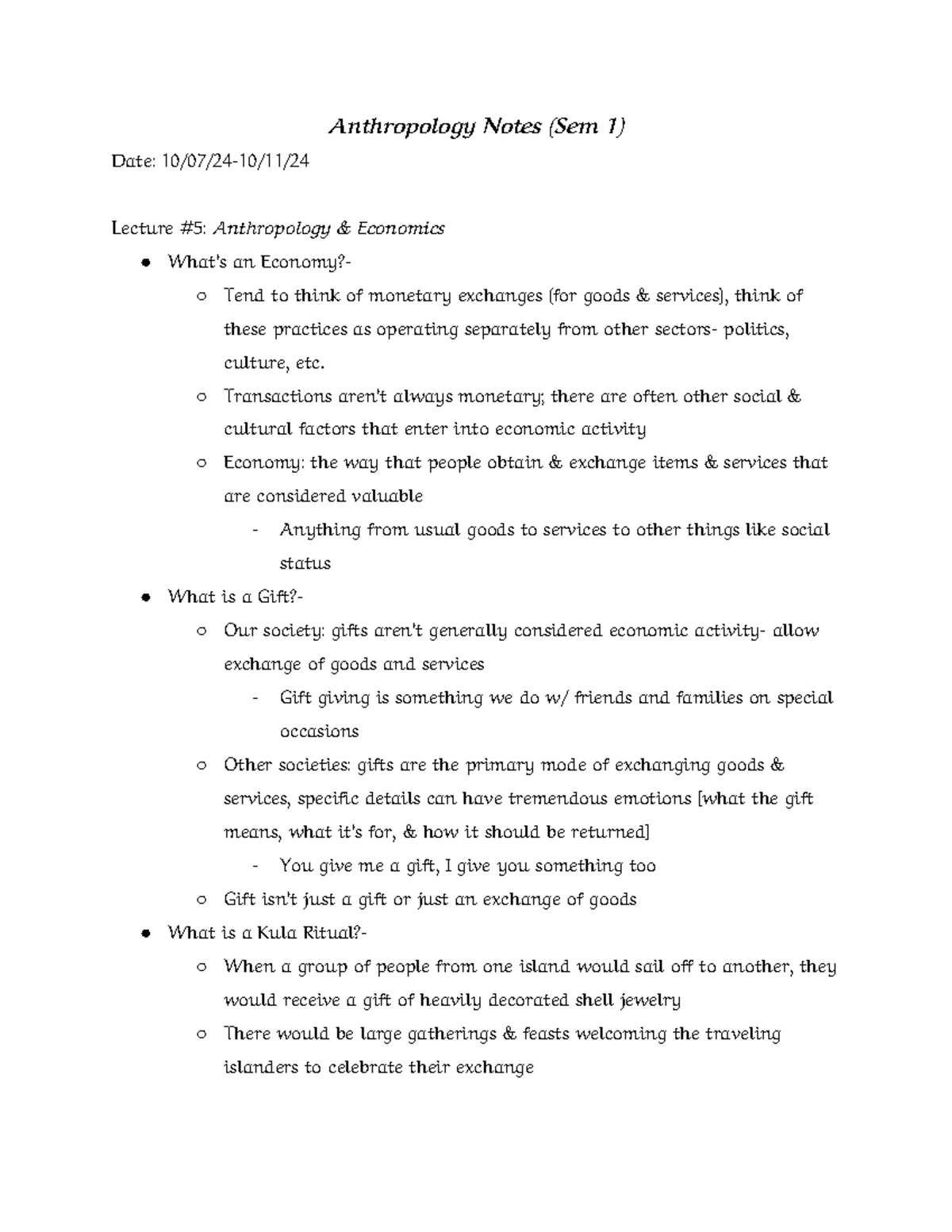 Anthropology Lecture Notes (Sem 1) - Kula Exchange Insights - Studocu