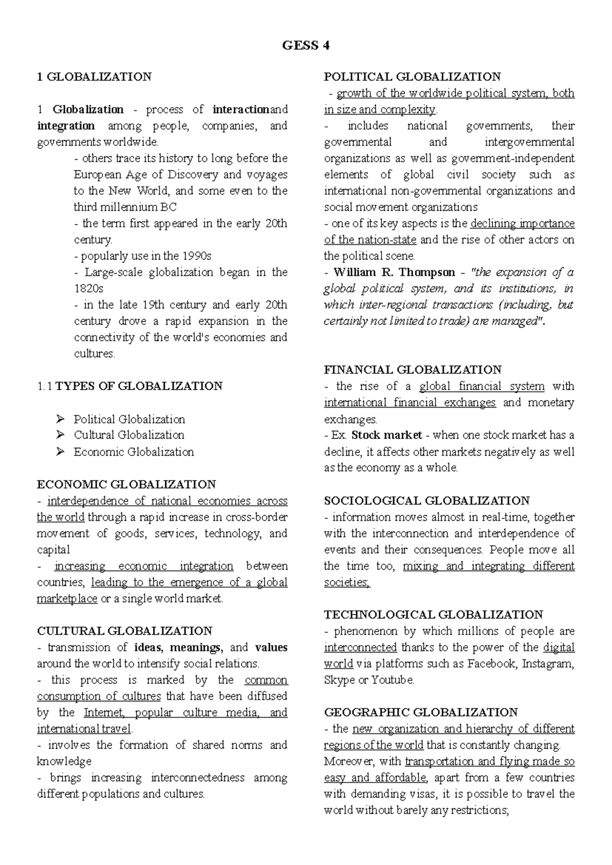 GESS 4 Globalization: Processes, Types, and Impacts Review - Studocu