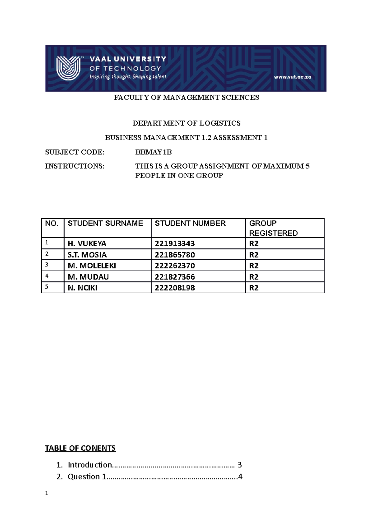 Business Assignment - Vut - FACULTY OF MANAGEMENT SCIENCES DEPARTMENT ...