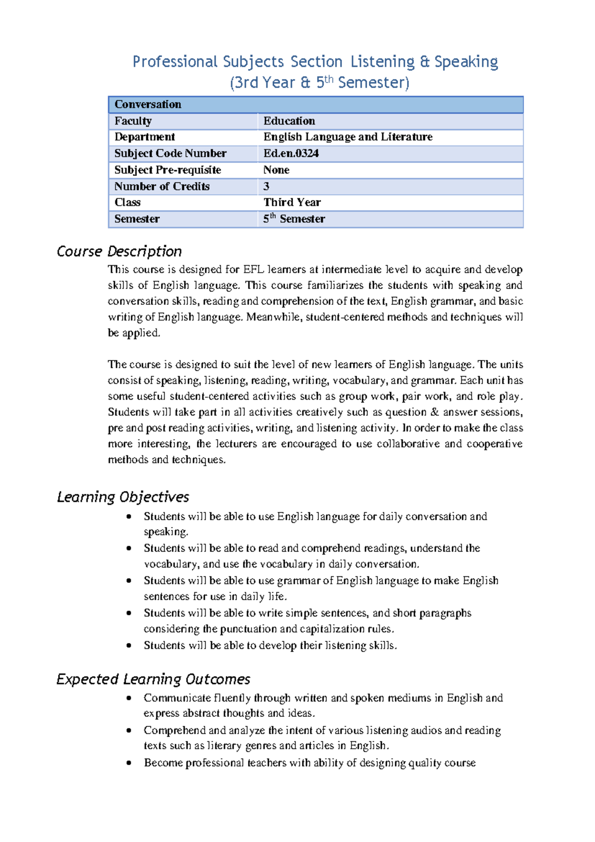 Listening & Speaking Skills for EFL Learners (3rd Year, 5th Semester ...