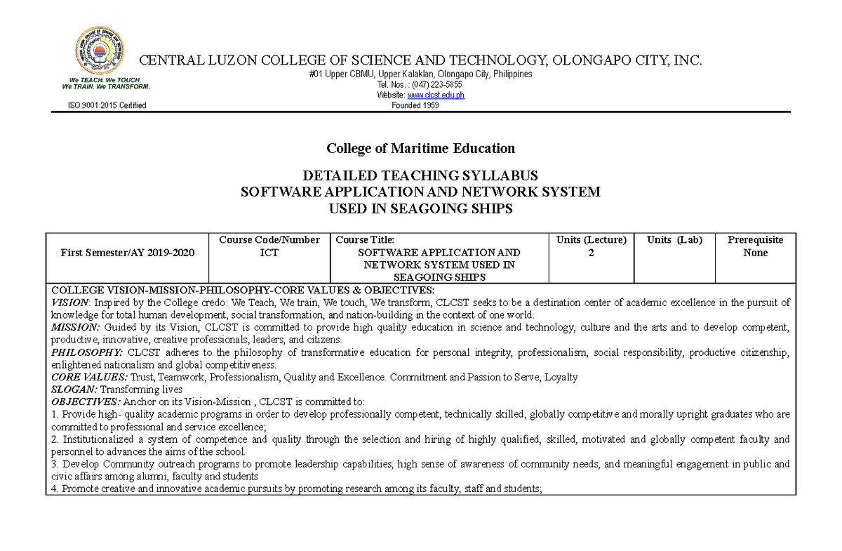 ICT 101: Detailed Teaching Syllabus for Software Applications in ...