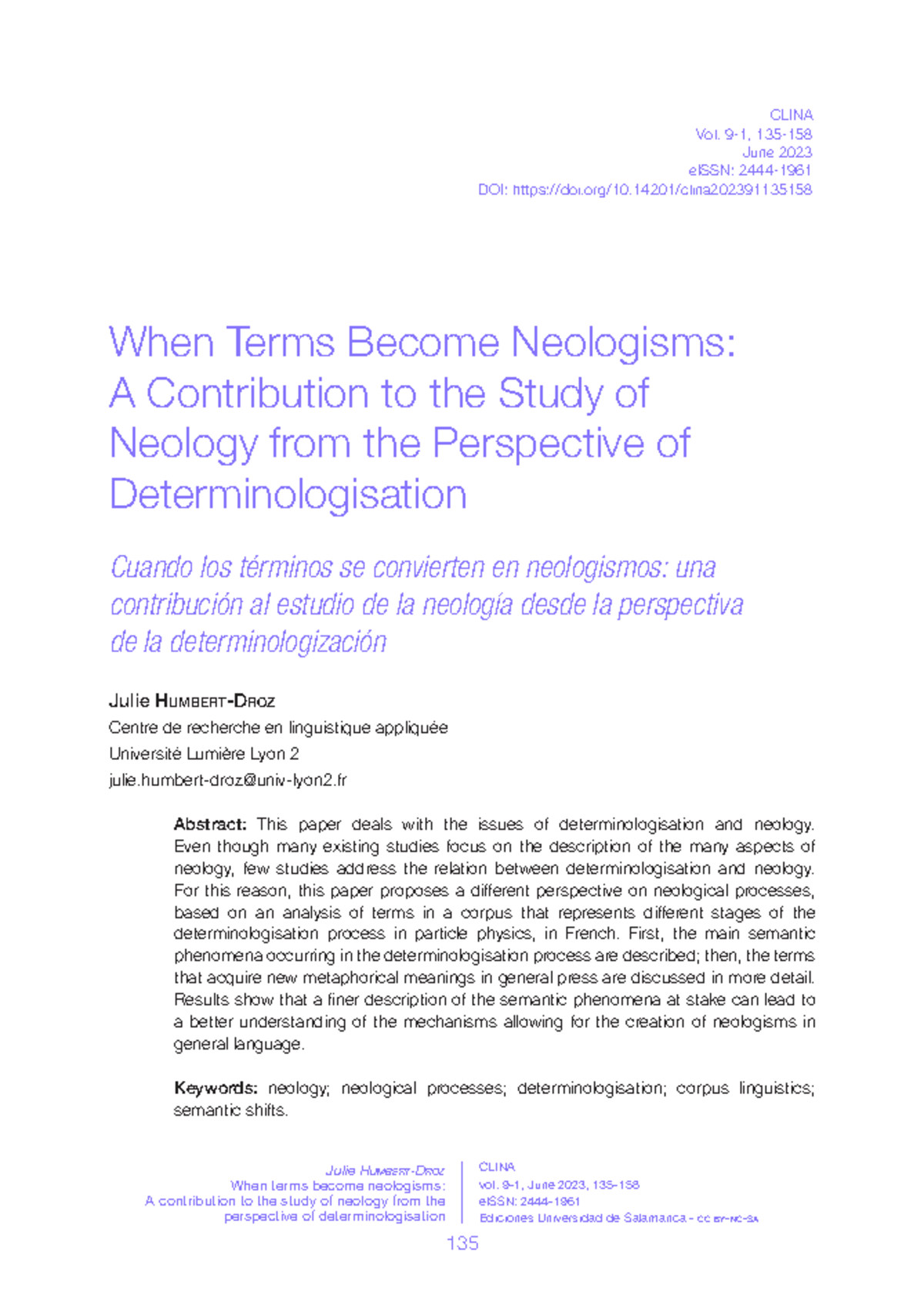CLINA 2023: Neology and Determinologisation in Particle Physics - Studocu