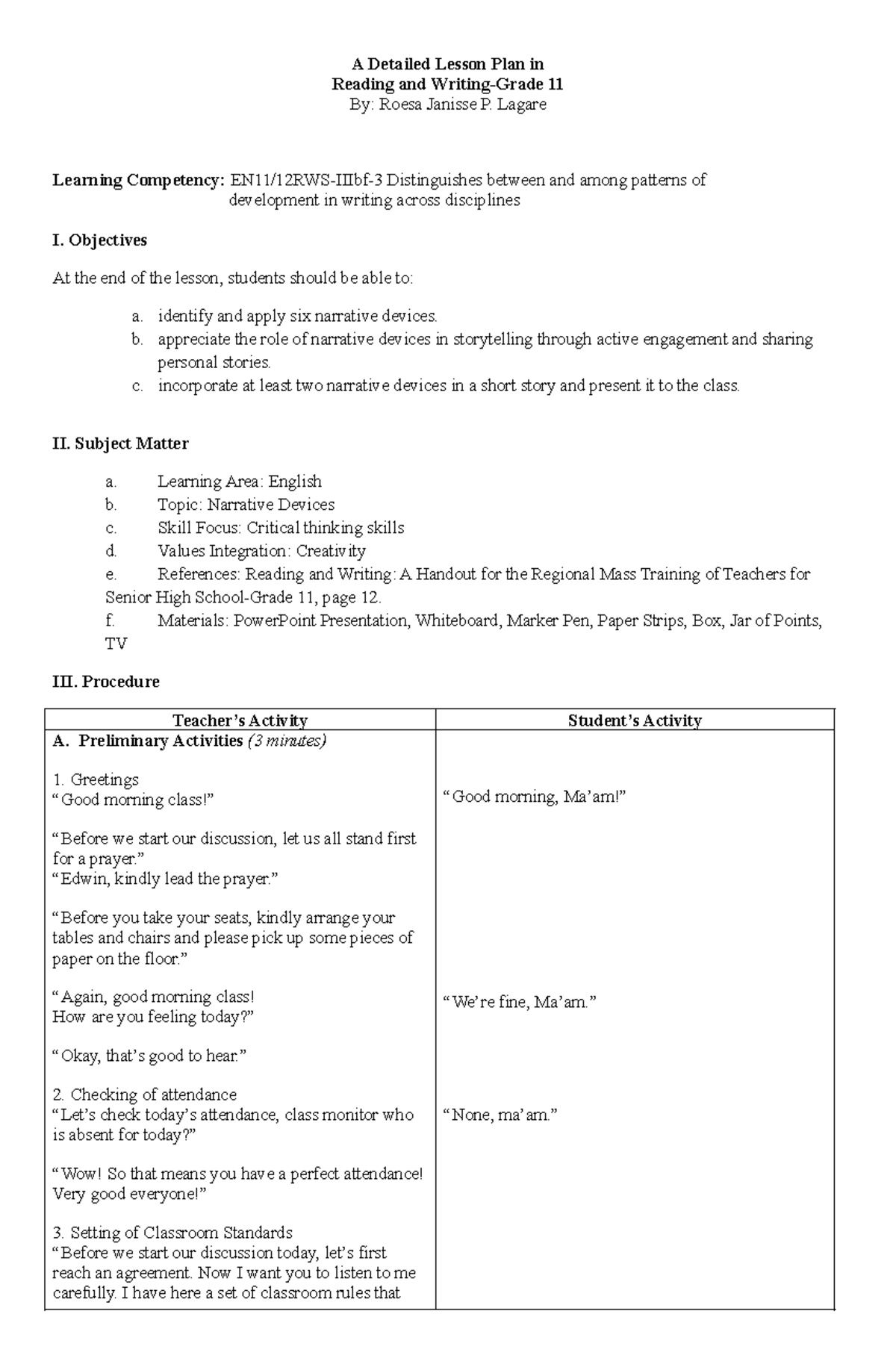 Narrative Devices 4A's LP - A Detailed Lesson Plan in Reading and ...