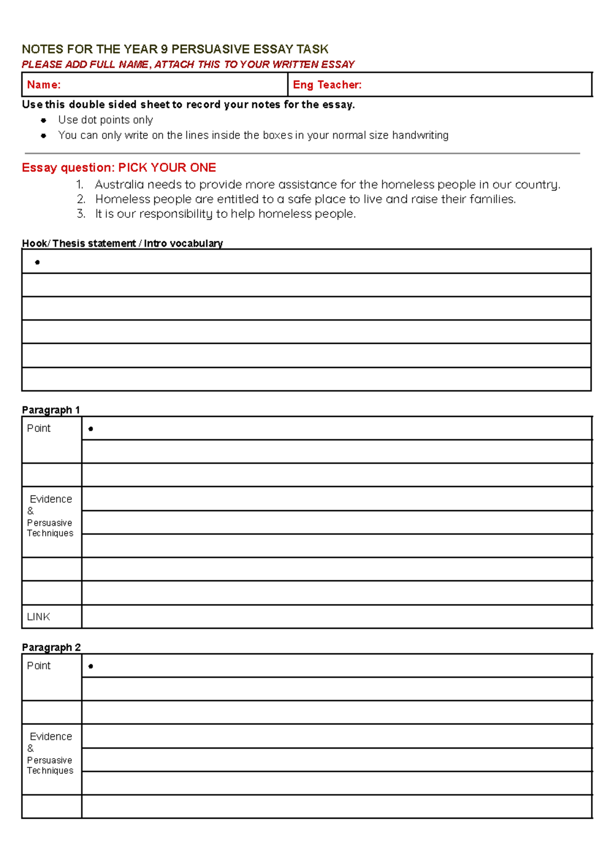 Year 9 Persuasive Essay Notes on Homelessness 2024 - Studocu