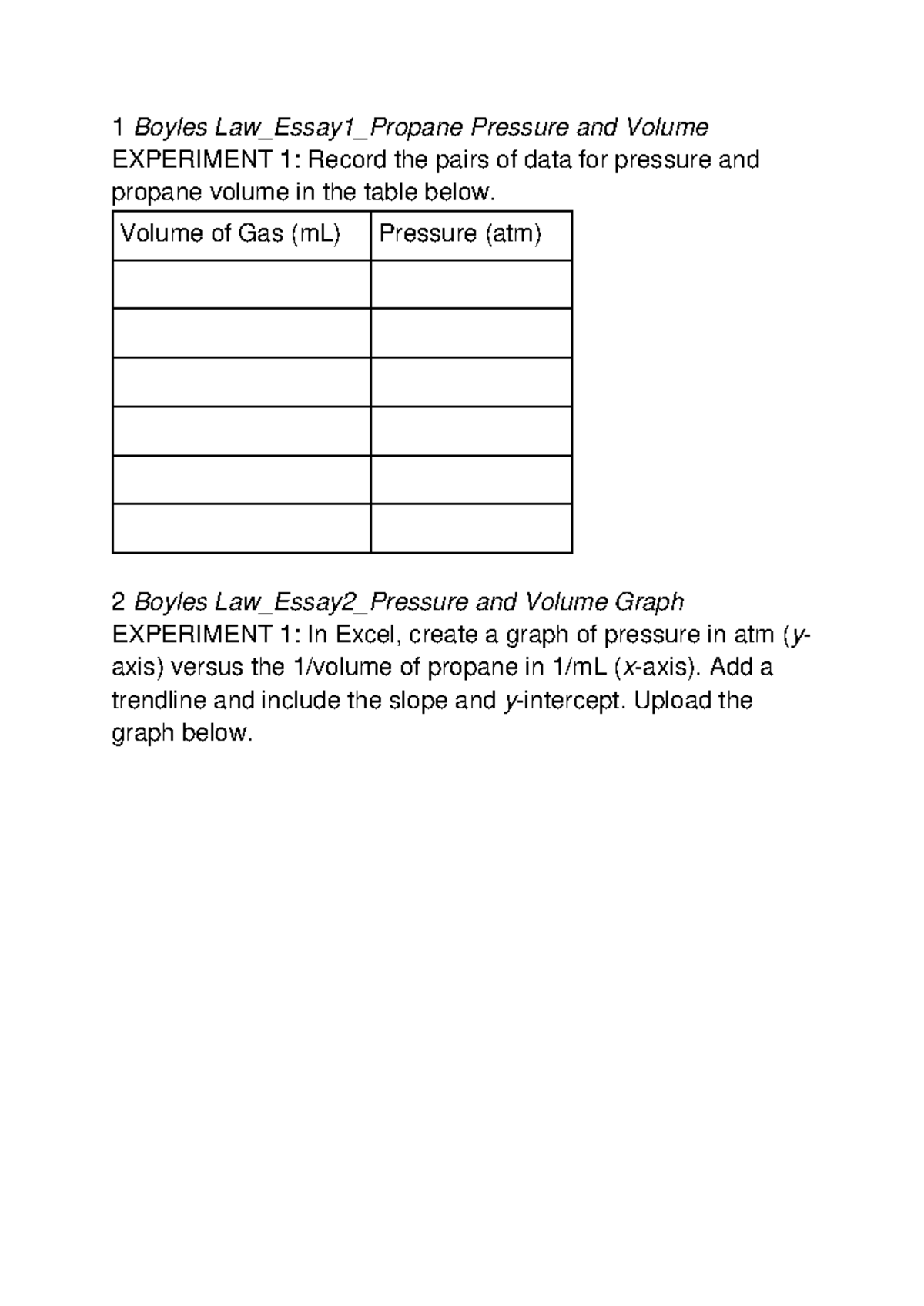 Boyle's Law Worksheet: Experiments on Pressure & Volume Relationships ...