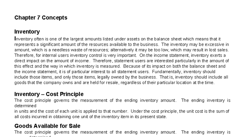 Chapter 7 Inventory Concepts: Costing Methods & Effects on Financials ...