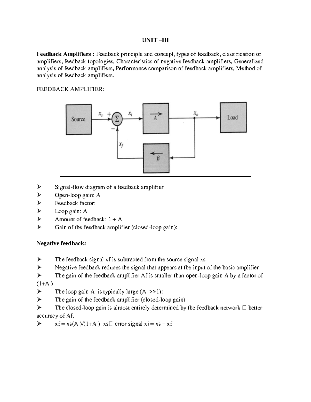 UNIT–III Feedback Amplifiers: Principles, Types, and Analysis ...