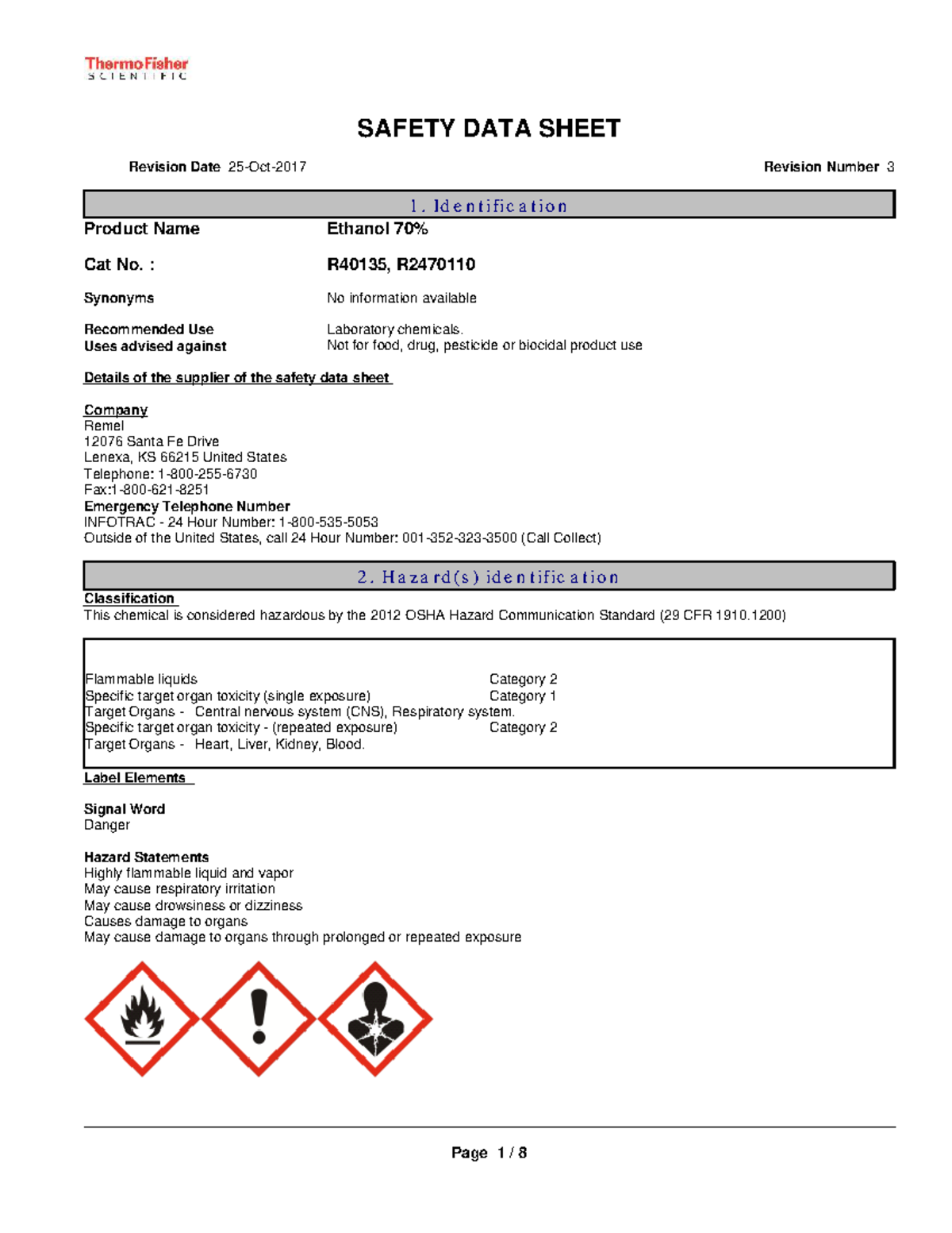 Thermo Fisher 70 Ethanol Safety Data Sheet (SDS) Revision 3 - Studocu