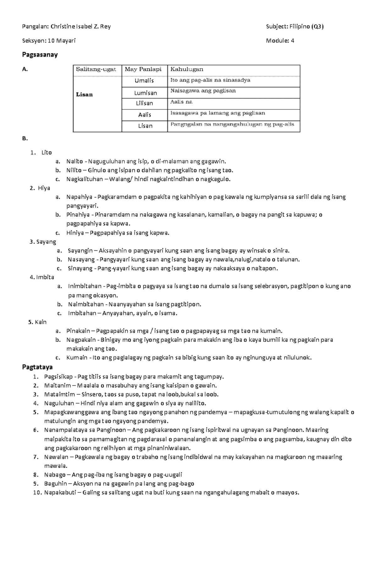 Filipino (Q3) M4 - Pangalan: Christine Isabel Z. Rey Subject: Filipino (Q3) Seksyon: 10 Mayari ...