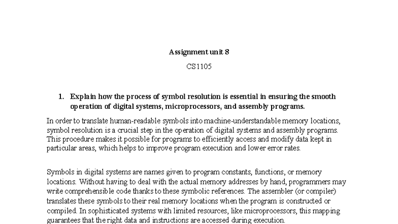 Assignment Unit 8: Symbol Resolution in CS1105 Digital Systems - Studocu